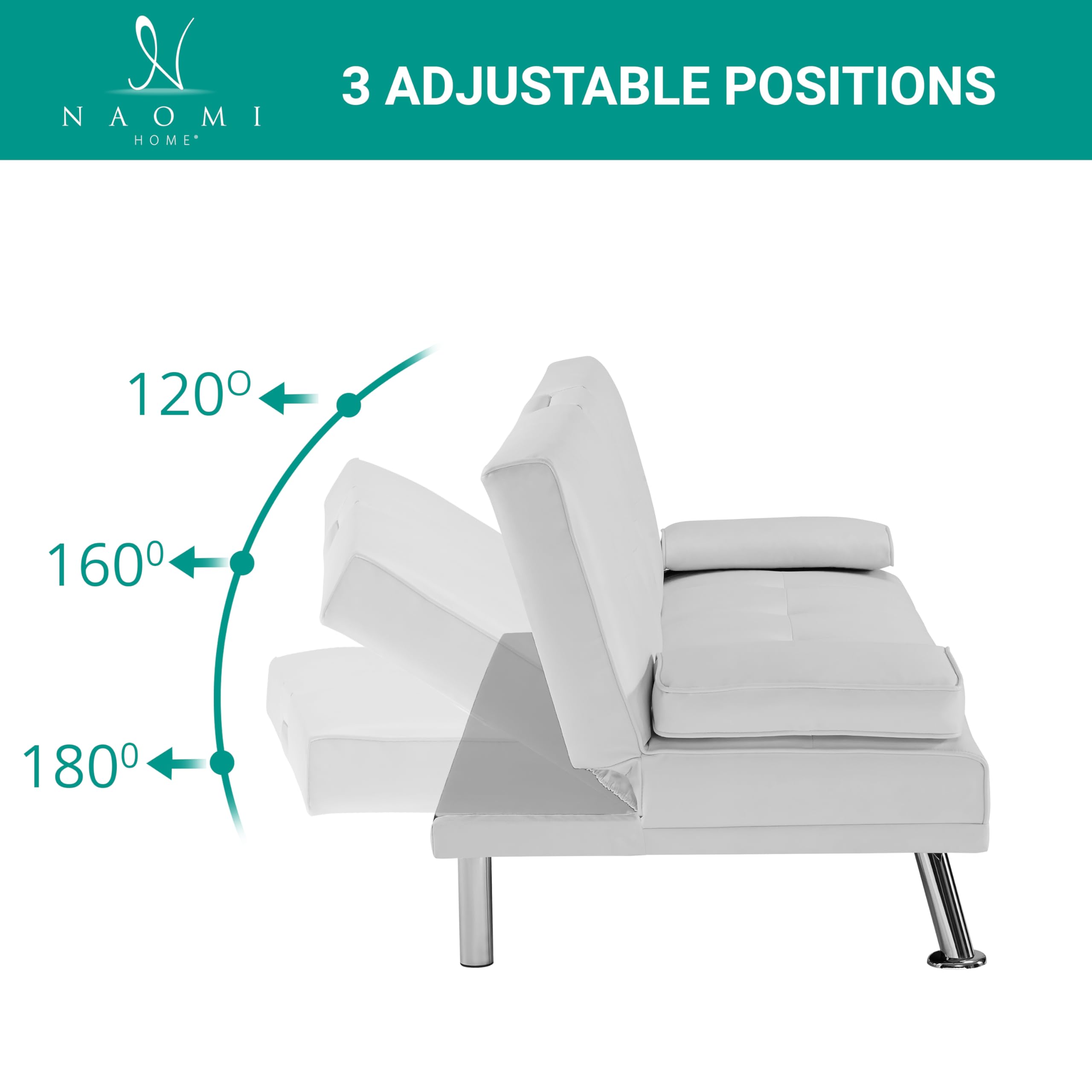 Naomi Home White Faux Leather Futon Sofa Bed, 3-Position Reclining Small Couch with Armrest, 2 Cupholders, 500 lbs Weight Capacity, Living Room