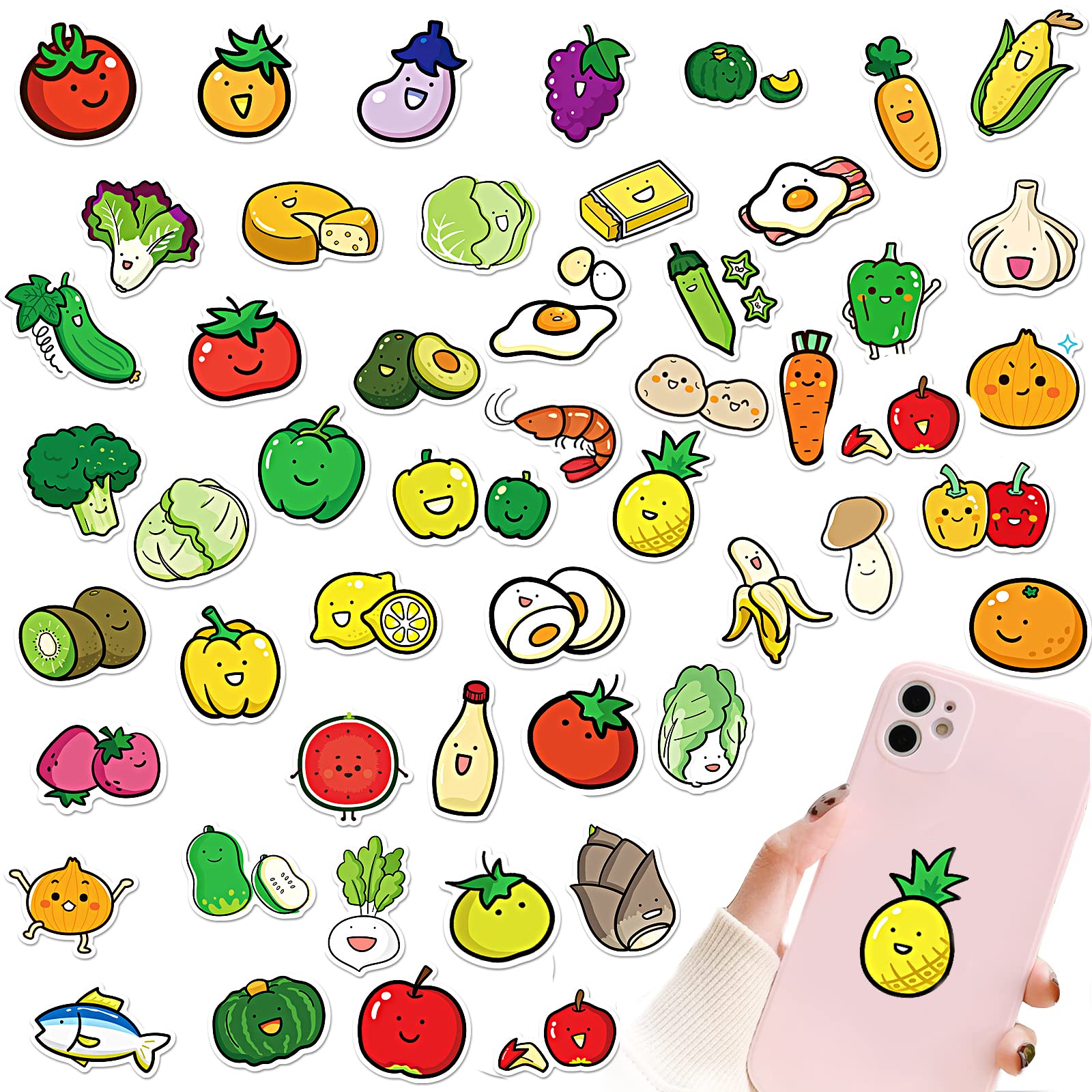 50 Pcs Fruit Vegetable Stickers Waterproof Kawaii Stickers for Water Bottles Laptop Luggage Refrigerator Room Netbook Decoration Sticker