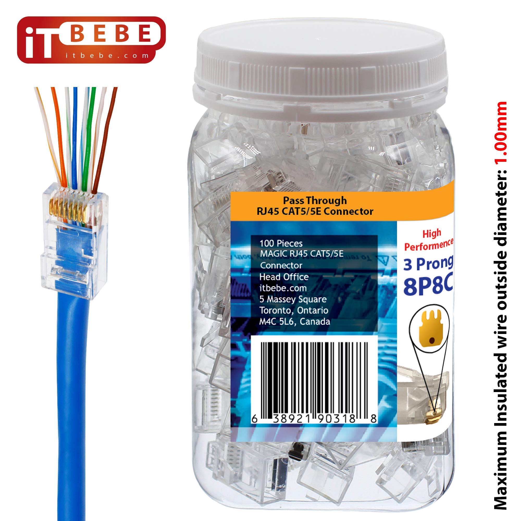 ITBEBE Gold Plated 100 Pieces End Pass Through RJ45 Cat5 Cat5e Connector by itbebe (Cat5/5e 100 Pieces)