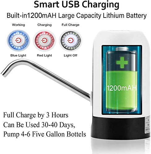 Myvision Water Bottle Pump 5 Gallon Water Bottle Dispenser USB Charging Automatic Drinking Water Pump Portable Electric Water Dispenser Water Bottle Switch (White)