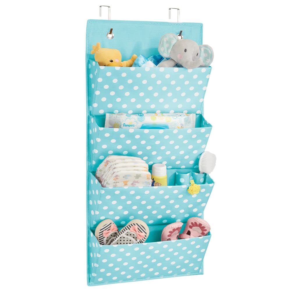mDesign Soft Fabric Wall Mount/Over Door Vertical Hanging Storage Organizer Center - 4 Large Pockets for Baby Child/Kids Bedroom, Nursery, Playroom, Closet - Polka Dot Print - Turquoise Blue/White