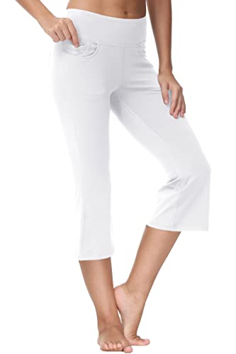 Cakulo Women's Plus Size Capris Pants Yoga Flare High Waist Bootcut Stretch Jean Casual Palazzo Cream Bottoms Knee Flared Leggings with Pockets White XL
