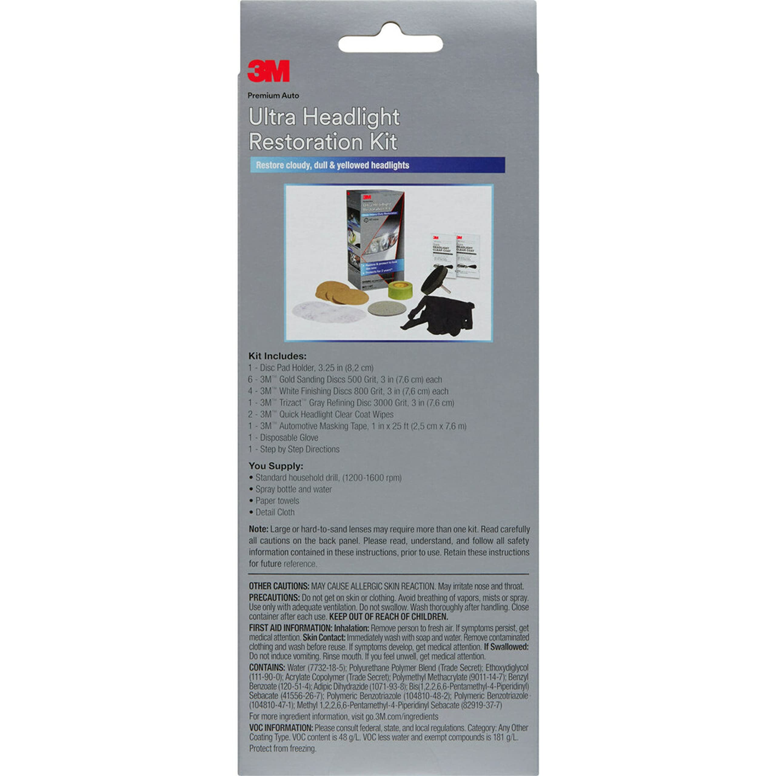 3M Ultra Headlight Restoration Kit, Contains Masking Tape, Light Sanding Discs, Wax Protectant and More, Use on Plastic Lenses Headlights, Taillights and More, Easy Heavy-Duty Restoration (39195)