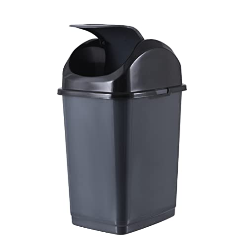 Superio Small 2.5 Gallon Plastic Trash Can with Swing Top Lid, Waste Bin for Under Desk, Office, Bedroom, Bathroom- 10 Qt, Grey/Black