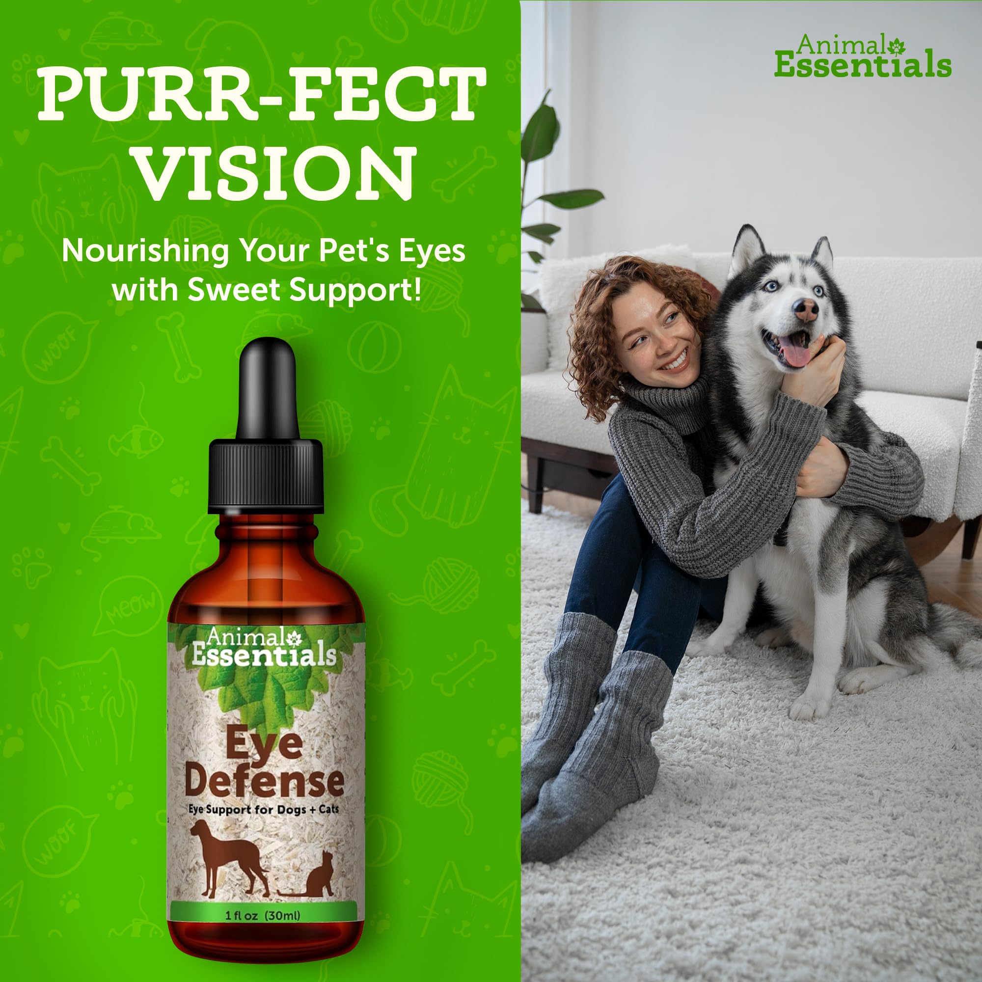 Animal Essentials Eye Defense for Dogs & Cats - Eye Support, Ocular Health, Lutein-Rich Formula, Herbal Blend, Bilberry, Calendula - 1 Fl Oz