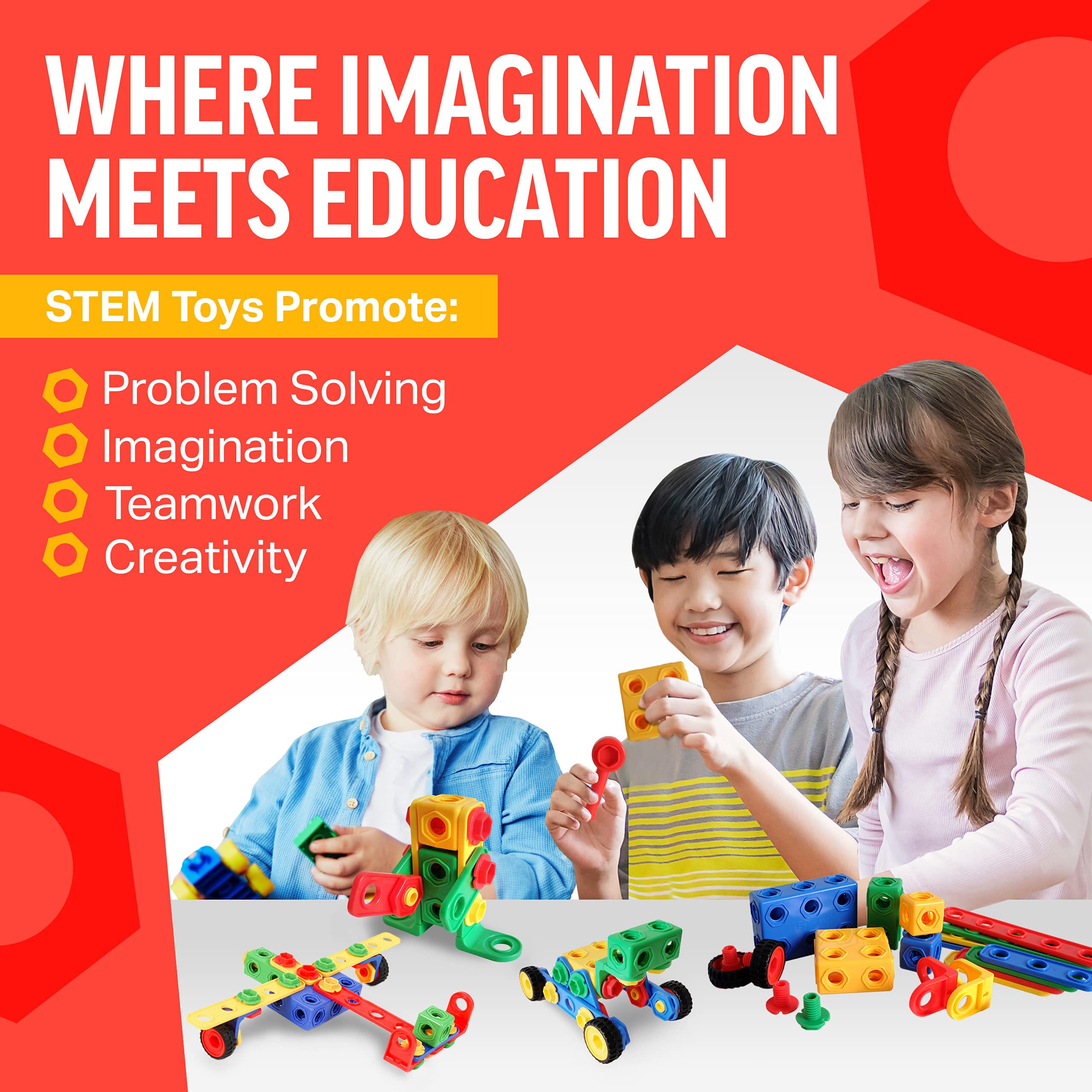 Brickyard Building Blocks STEM Toys - Educational Building Toys for Kids Ages 4-8 with 163 Pieces, Tools, Design Guide and Toy Storage Box, Easter Basket Stuffers Gift for Boys & Girls