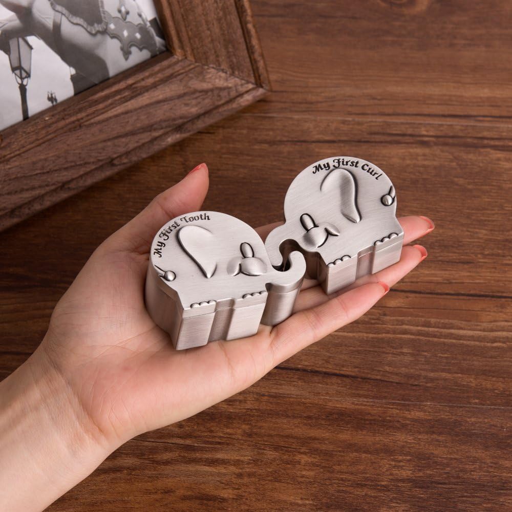 Feyarl Kids First Curl and Teeth Fairy Holder Containter Keepsake Box Tins Keeper for Christening Newborn Shower Kids Birthday Gift Metallic Engraved Elephant Shape (2.4 x 1.6 x 1.2 inches)