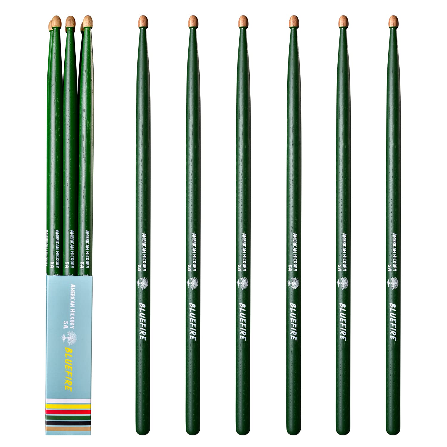 5A Drumsticks,Hickory Wood Drumsticks with Acorn Tips, for Acoustic or Electronic Drum,Bluefire Drumstick, Weight Matched, 6 sticks/3 Pairs. Dark green color.