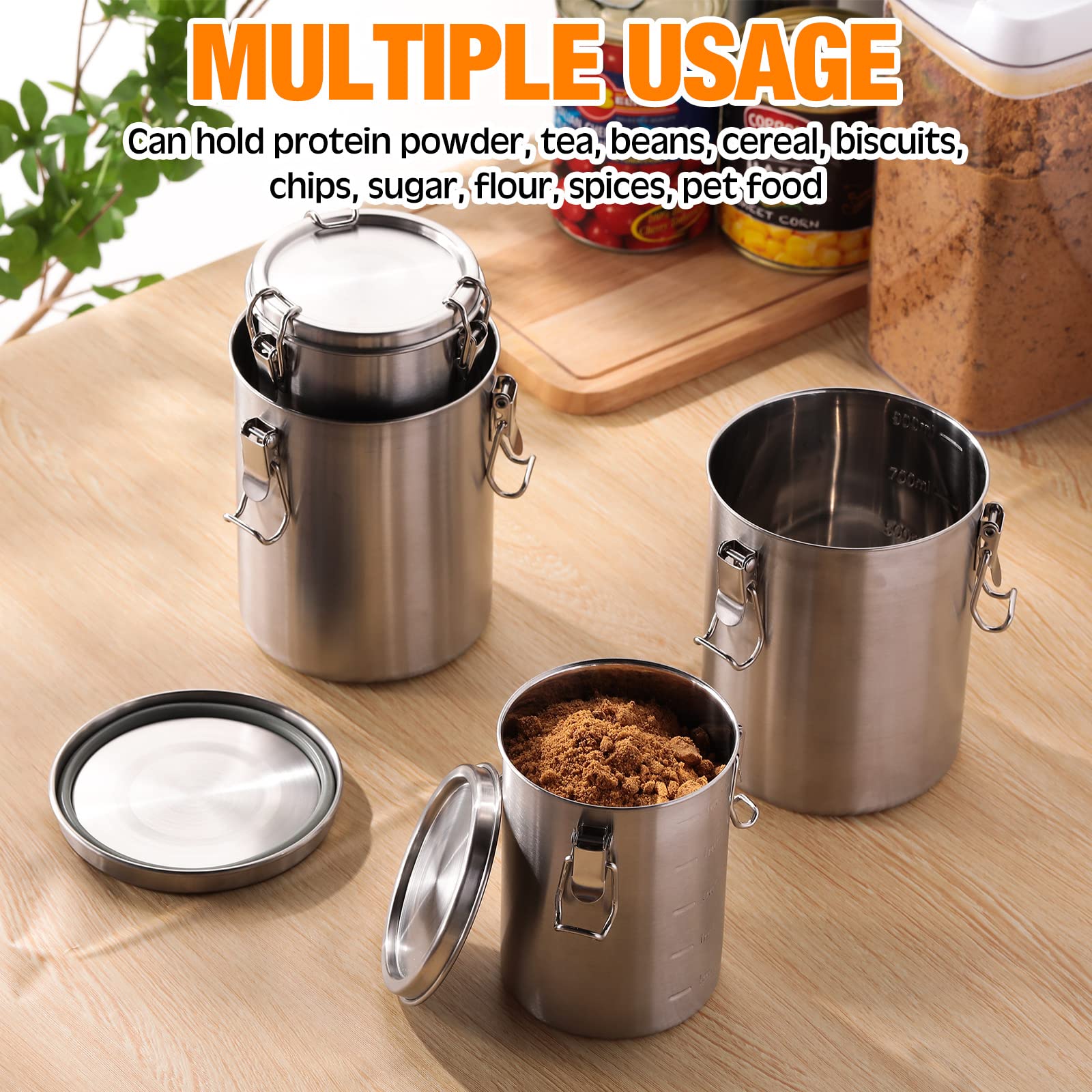 6 Pcs Stainless Steel Canisters Sets for Kitchen Counter Airtight Food Storage Containers with Lids Metal Coffee Tea Sugar Flour Canisters Bulk 17.6 oz, 33.8 oz