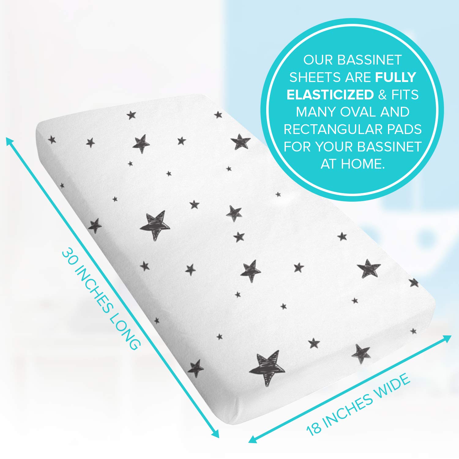 Kushies Baby Fitted Bassinet Sheets - 30 x 18 x 2 Bassinet Mattress Mini Crib Sheets - B&W Scribble Stars Bassinet Cover Mini Crib Mattress - Mattress for Playpen Carriage Pad Fitted Sheet Flannel, Scribble Stars Black & White