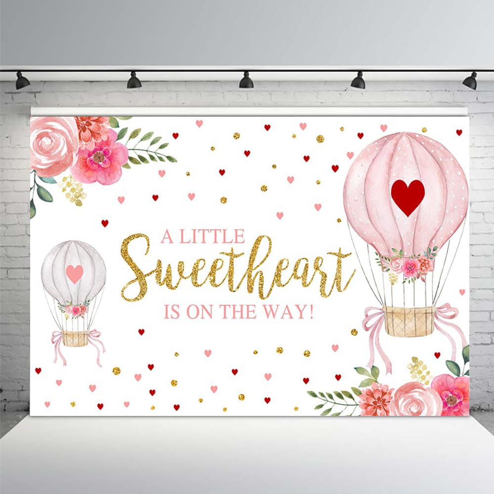 MEHOFOND Sweetheart Baby Shower Party Decorations Backdrop Up Up and Away Hot Air Balloon Pink Red Floral Gold Hearts Valentine Girl Baby Shower Photography Background Photo Banner 7x5ft