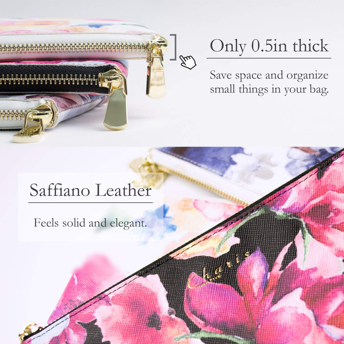 Charis HIGH FIVE Vegan Leather Botanical Floral Slim Wallet for Women Card Coin Purse Flower - Black