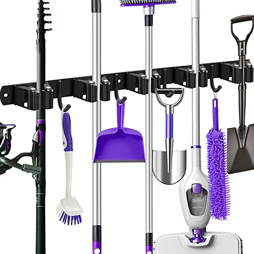 NisuAM Broom and Mop Holder Wall Mount with 5 Slots 4 Hooks, Broom Hanger Self Adhesive, Black Matte Garage Rack & Tool Organizer, Home Storage Shelving for Closet Door,Cabinet,Lanudry