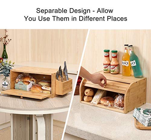 TQVAI Natural Bamboo 2 Layer Large Bread Box for Kitchen Counter Wood Bread Storage Container - Can Use as 2 Individual Bread Bin - Assembly Required, Original
