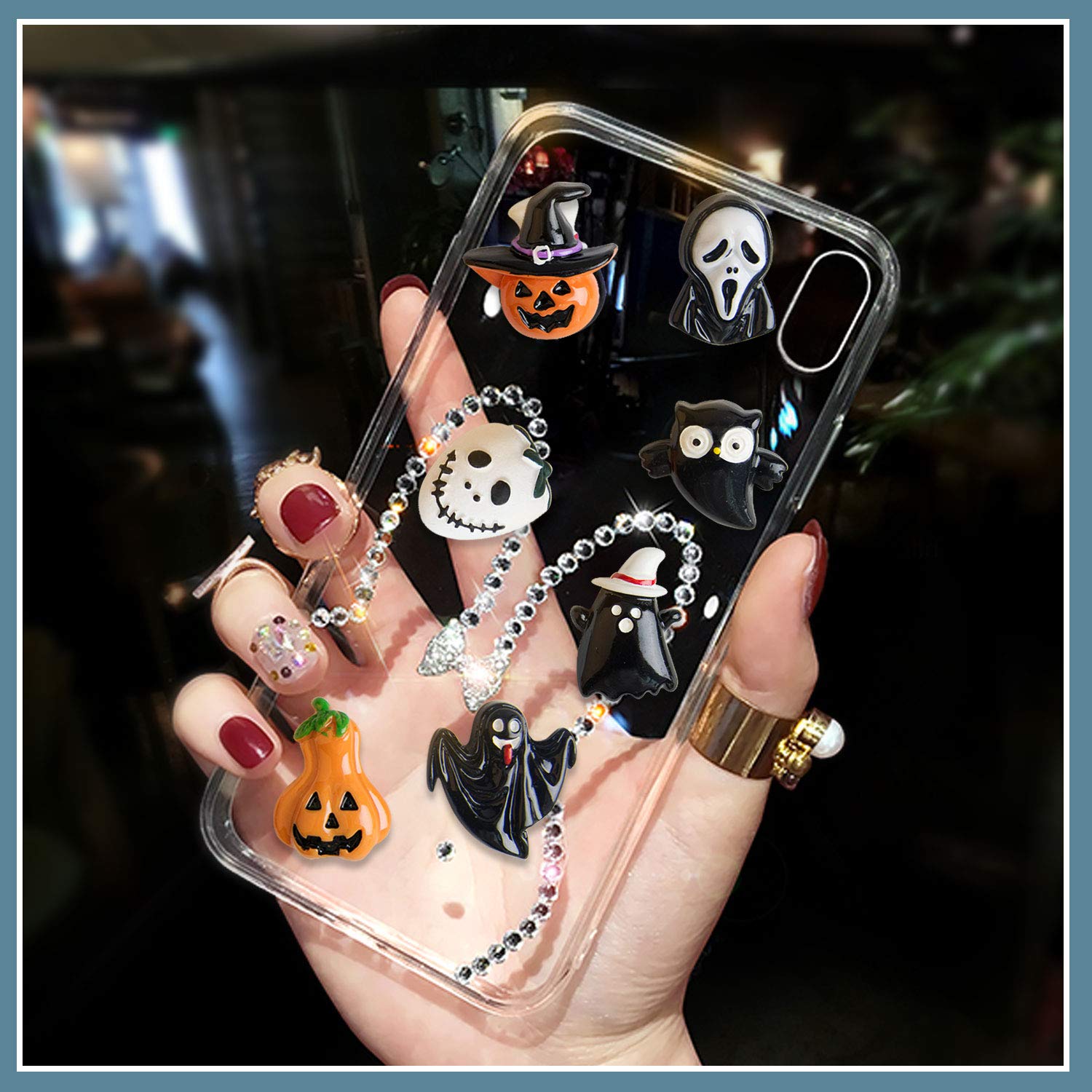 50PCS Halloween Slime Charms Kalolary Halloween Resin Flatback Charms Pumpkin Ghost Spider Skull Embellishments Ornaments Kawaii Halloween Buttons Miniatures for Craft Scrapbook Phone Case DIY Making