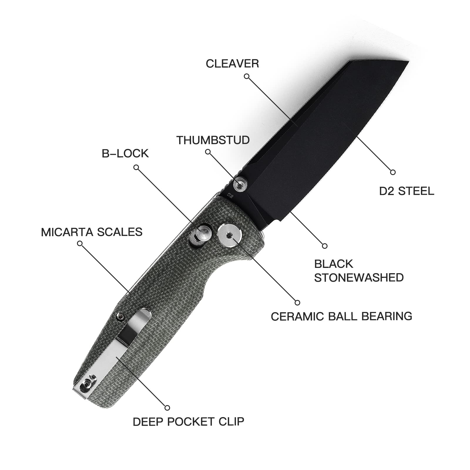 BESTECH KNIVES Pocket Folder Folding Knife: 3.07" D2 Steel Black Cleaver Blade, Micarta Scales, Thumbstud, B-Lock, EDC Steel Clip, BG43B-2 (Green Micarta)