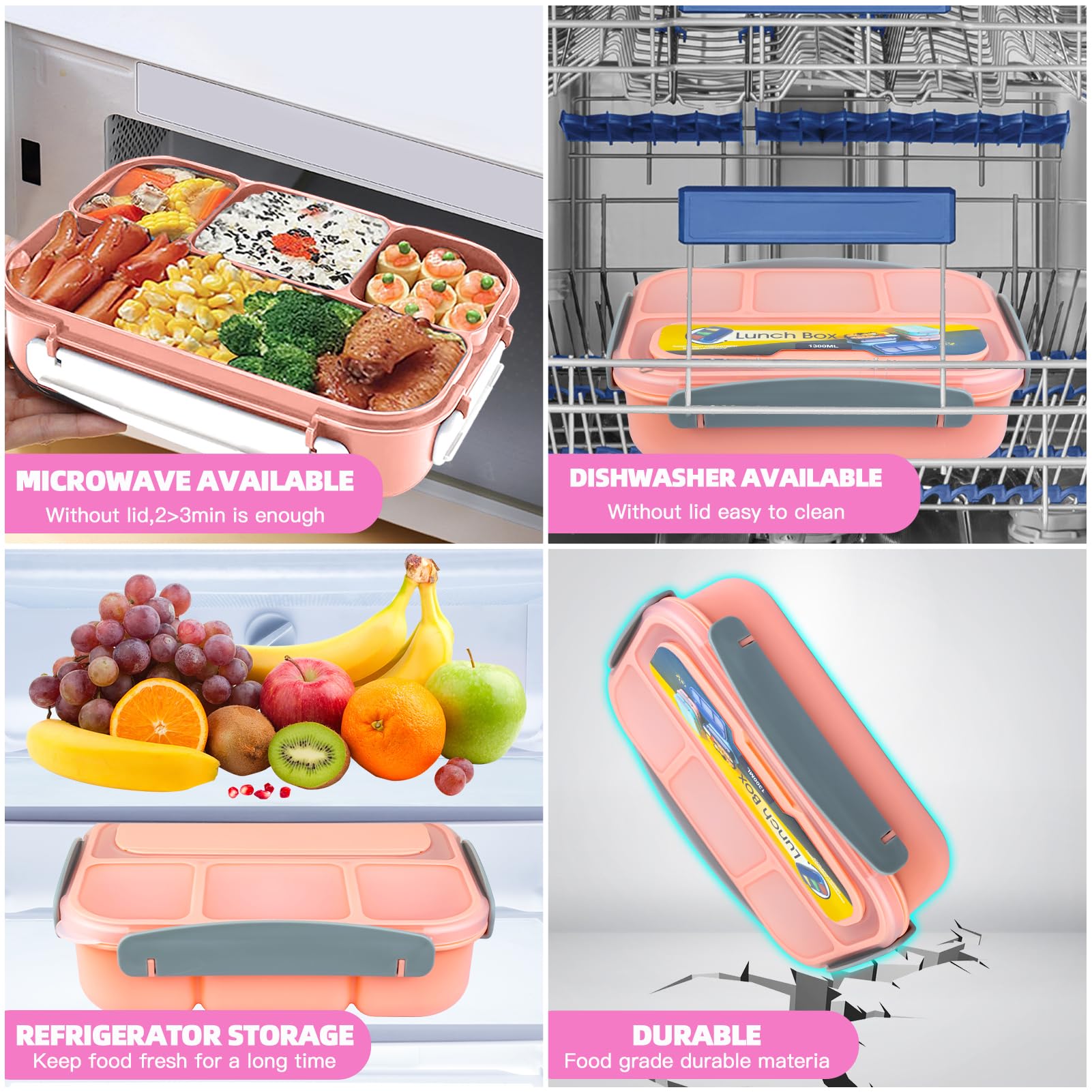 52Pcs Bento Box Lunch Box Kit, 1300ML Lunch Container for Kids/Adults/School, Durable Leak-proof Box 4 Compartments with Lunch Bag,Spoon,Fork,Accessories,for Dishwasher Refrigerator Microwave(Pink)
