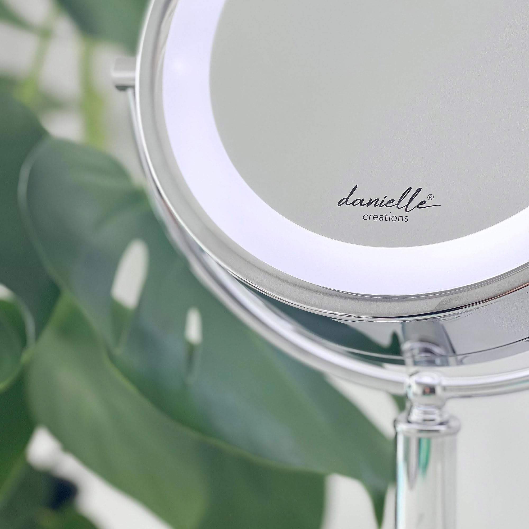 Danielle Creations Professional-Grade Double-Sided L.E.D. Vanity Mirror with Strong 15X Magnification, 360-Degree Rotation, Ultra-Vue Distortion-Free True Image Reflection, Silver Chrome Finish