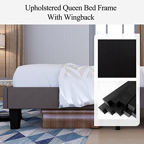Benevika Full Size Bed Frame with Modern Geometric Wingback Headboard, Upholstered Platform with Wooden Slats, No Box Spring Needed, Mattress Foundation, Grey