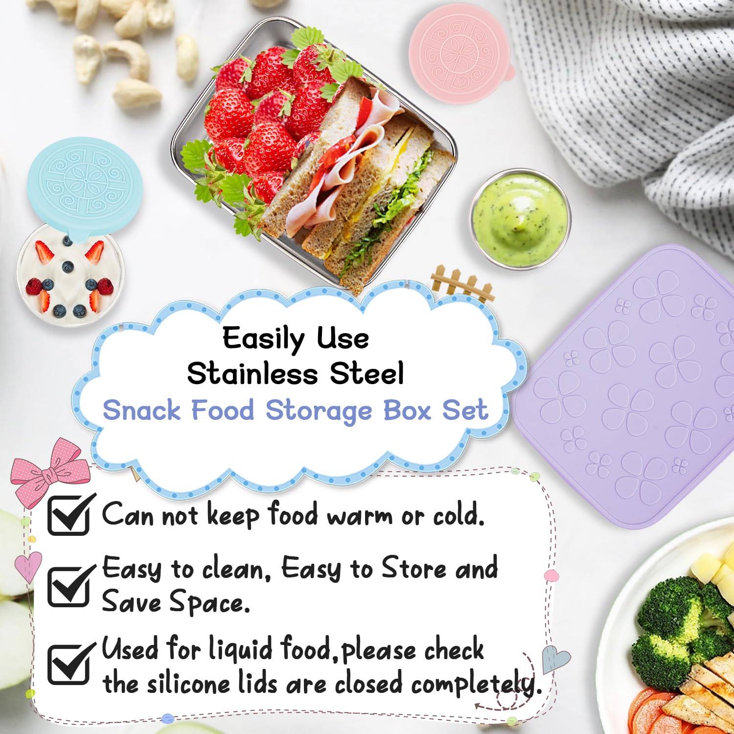 3PACK Stainless Steel Snack Containers Set,18.5OZ Metal Food Storage Container Leak Proof Snack Lunch Box with Silicone Lids [Full Protective Cover],Small Bento Boxes with 2x1.6OZ Sauce Cup-Green