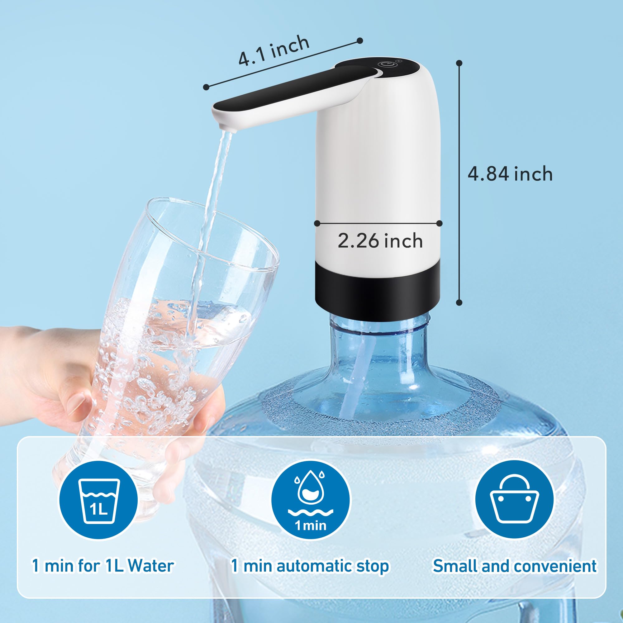 5 Gallon Water Dispenser, Portable Rechargeable Electric Water Jug Pump for Universal 2-5 Gallon Bottle, Drinking Water Jug Pump for Home, Office, Camping (White)