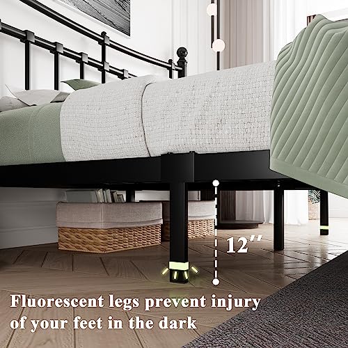 iPormis Metal Queen Bed Frame with Iron-Art Headboard, Heavy Duty Metal Platform Bed Frame with 14 Steel Slats Support, No Box Spring Needed, Noise-Free, Easy Assembly, Queen