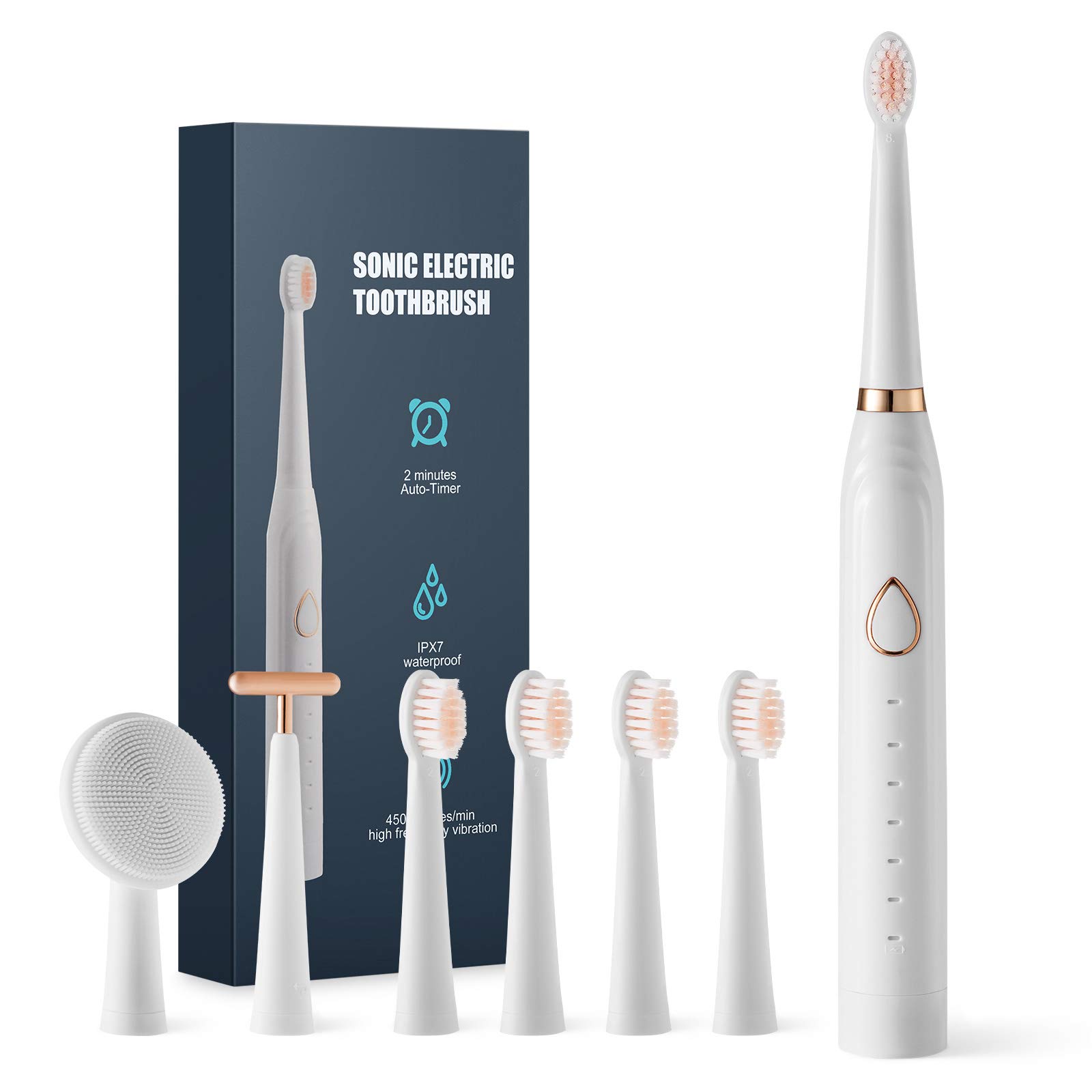 XDVSDFX Electric Toothbrush, Sonic Toothbrush Can be Used by Adults and Children, with 7 Bursh Heads, 6 Super Clean Modes, White IPX7 Waterproof and Rechargeable Electric Toothbrush