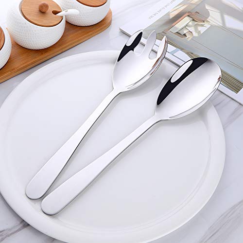 Mingcheng 12 Inches Stainless Steel Salad Server Sets with Salad Spoon and Fork, Cooking Utensils for Kitchen, Simple and Classic Dishwasher Safe(Silver)