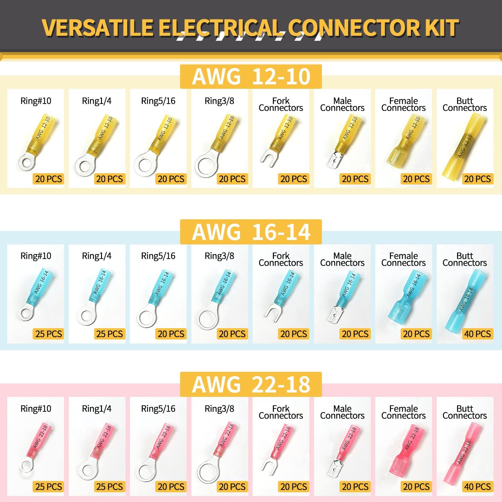 540PCS Marine Grade Heat Shrink Wire Connectors - Sopoby Electrical Connectors Kit of Tinned Red Copper, AWG 22-10 Waterproof Crimp connectors terminals Insulated Ring Fork Spade Butt Splices