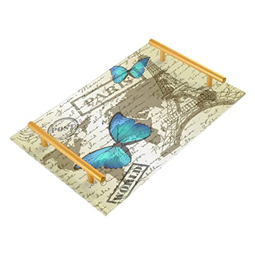 Beautiful Butterfly Bathroom Vanity Tray Counter Organizer Eiffel Tower Bathroom Counter Tray Jewelry Plate Holder Decorative Organizer with Handles Countertop Storage for Bathroom Table Kitchen