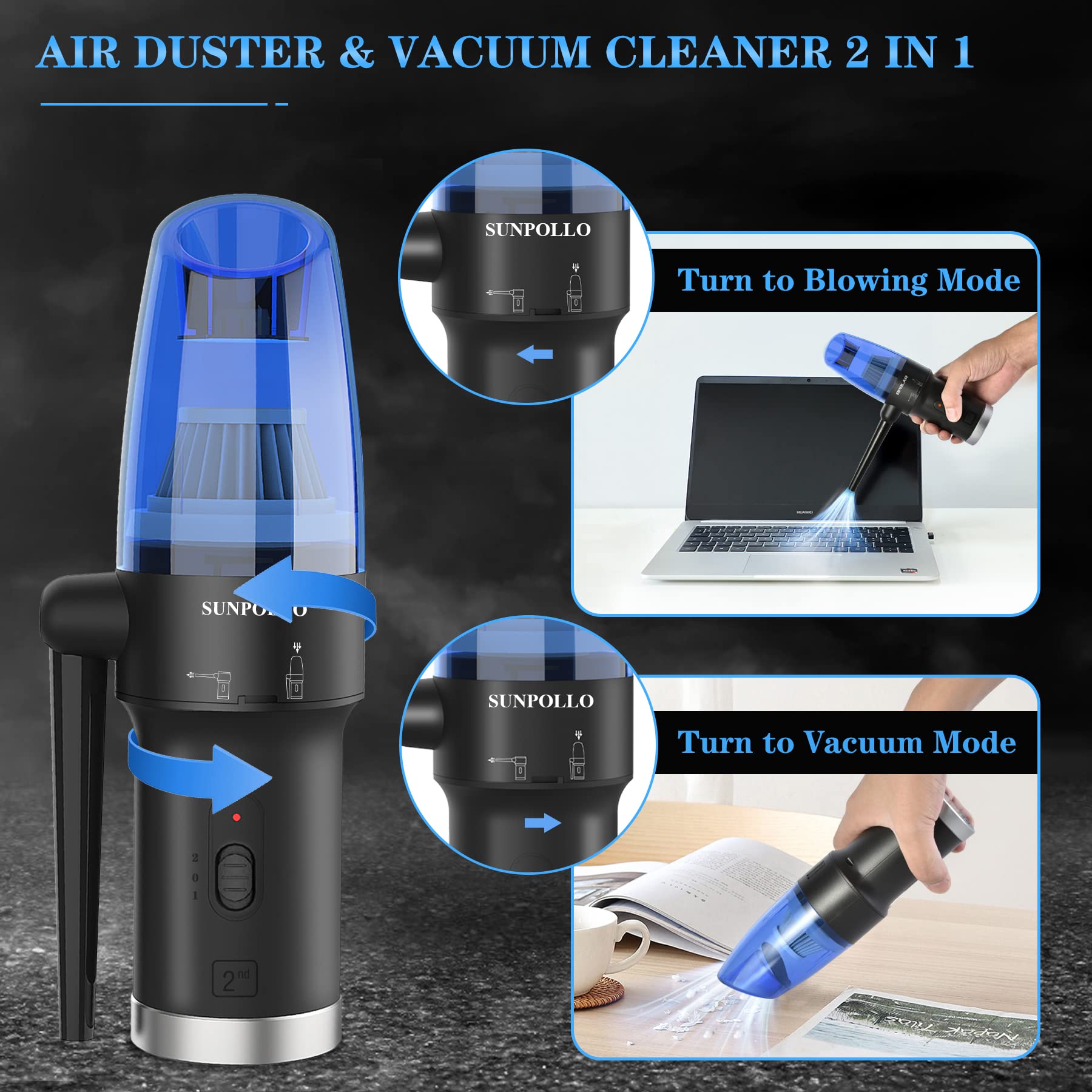 Air Duster & Vacuum 2-in-1, Cordless Electric Compressed Air Blower for Computer Keyboard Cleaning, Portable Handheld Electronics Car Computer Duster, Powerful 77000RPM Motor