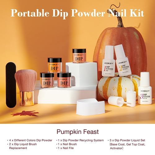 AZUREBEAUTY Dip Powder Nail Kit Starter, Orange Brown Glitter, 4 Fall Pumpkin Maple Dark Colors Set, French Halloween Nail Art Base Top Coat Activator Essential Liquid Manicure DIY Salon 12 PCS