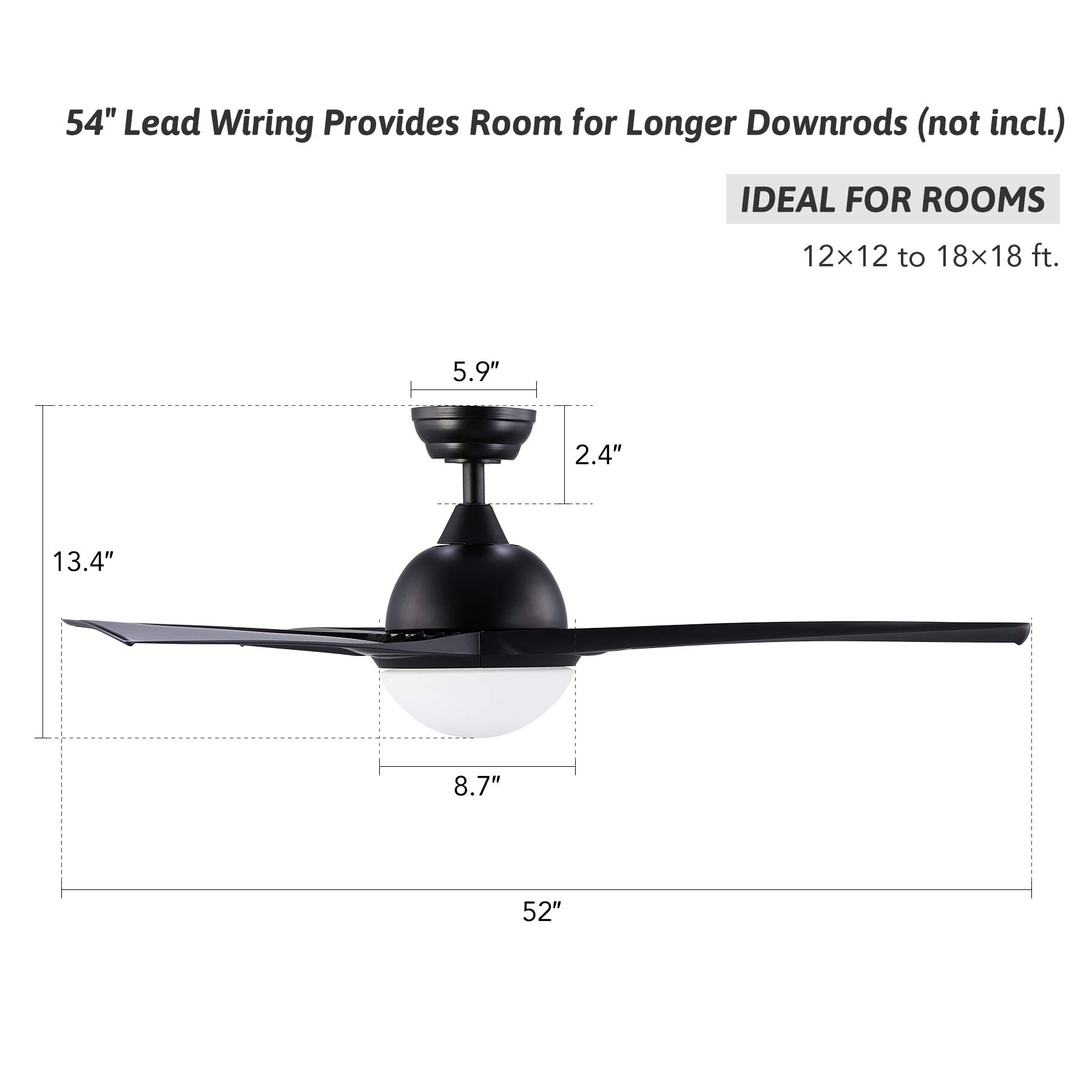 52'' Modern Ceiling Fan with Lights and Remote, Contemporary Black Ceiling Fans with LED Light for Bedroom, Living Room, Kitchen, Industrial Ceiling Fan with 3 ABS Blades Reversible