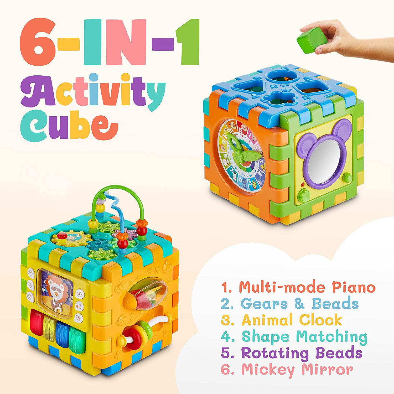 BABYSEATER Baby Activity Cube β 6-in-1 Multi-Assembly Activity Square for Babies 10m+ β BPA-Free Play Cube for Infants & Toddlers Teaches Cognitive & Motor Skills with Music, Shapes, Gears & More