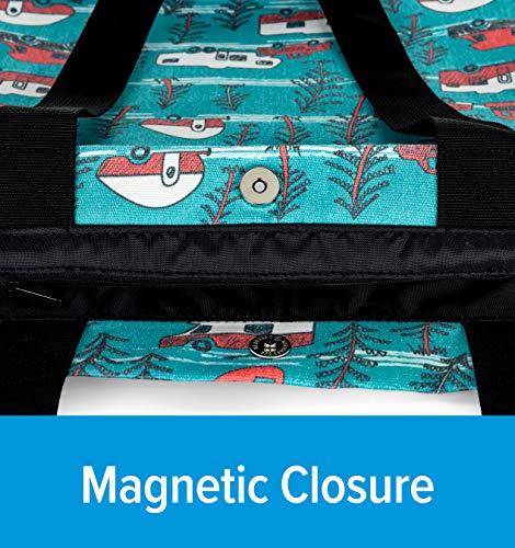 Camco Life Is Better at The Campsite Tote Bag | Features Teal Camper/RV Theme | Fully Lined Interior with Zippered Interior Pocket (53269) White Large