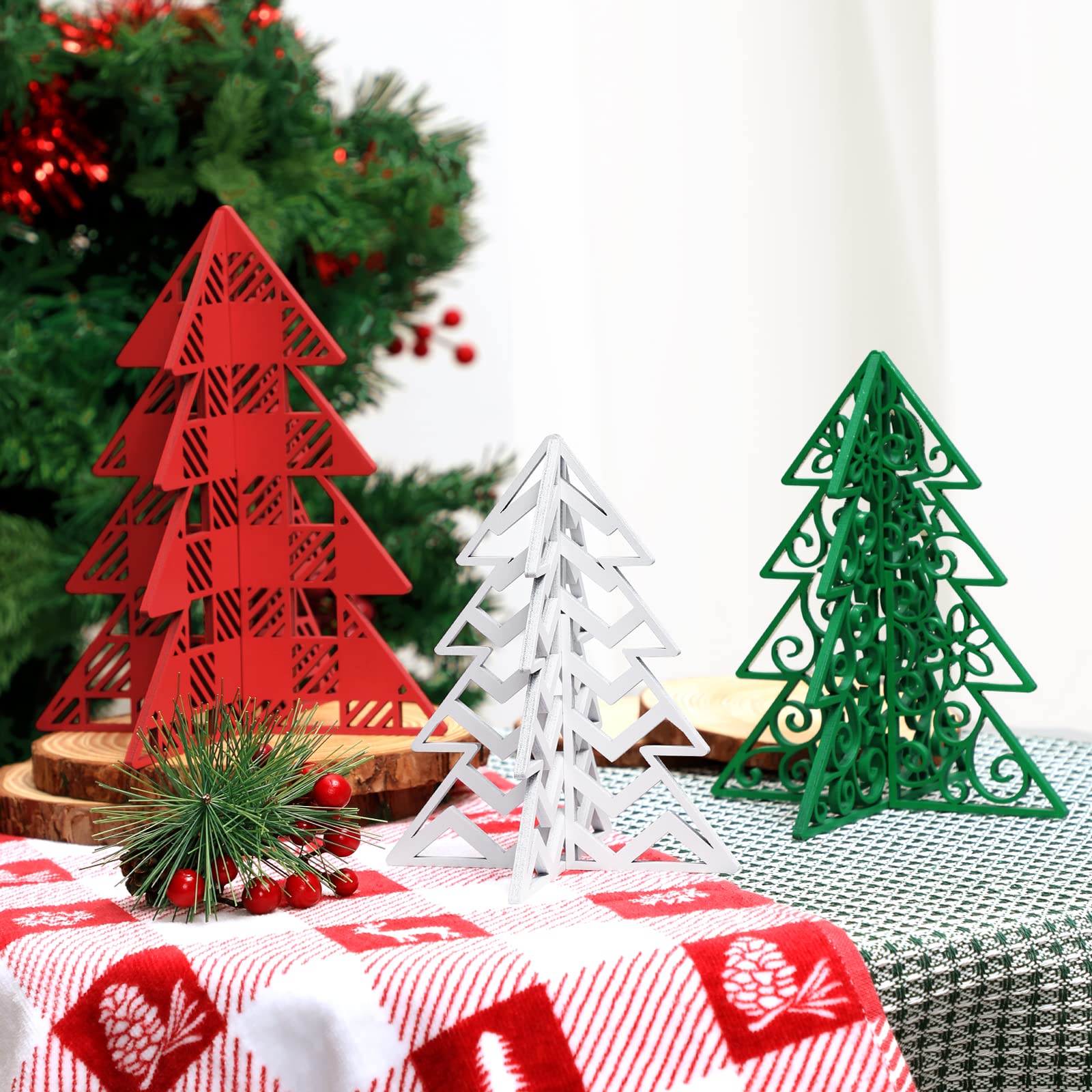 3pcs Tabletop Christmas Tree Wooden Christmas Tree Xmas Decor Standing 3D Christmas Trees Merry Christmas Sign Decoration Tree for Table Mantel Shelf Tiered Tray Holiday Home Decor