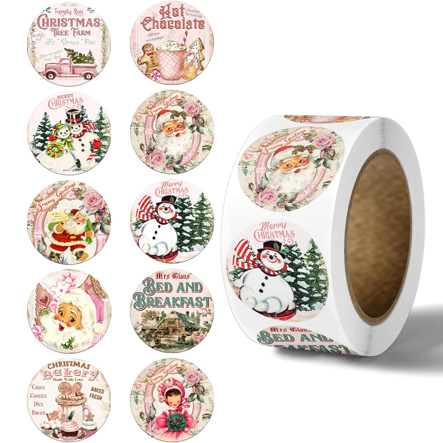 500Pcs Pink Vintage Christmas Stickers Roll Merry Christmas Stickers Santa Claus Stickers Roll Winter Holiday Round Xmas Label Tag Sticker for Christmas Gift Boxes Presents Cards Envelopes Decor