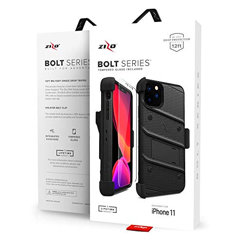 ZIZO Bolt Series iPhone 11 Pro Case - Heavy-Duty Military-Grade Drop Protection w/Kickstand Included Belt Clip Holster Tempered Glass Lanyard - Black