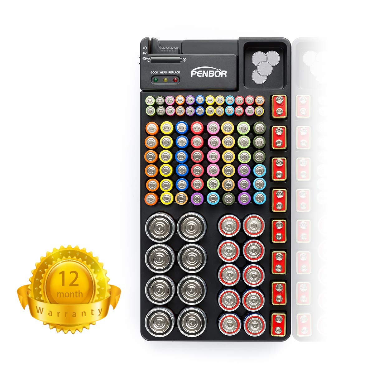 PENBOR Battery Organizer Storage Case with No Lid Snap, Portable Tester, Just The Right Size Slot Wall-Mounted Design,Holds 110 Batteries Various Sizes for AAA, AA, 9V, C, D and Butt