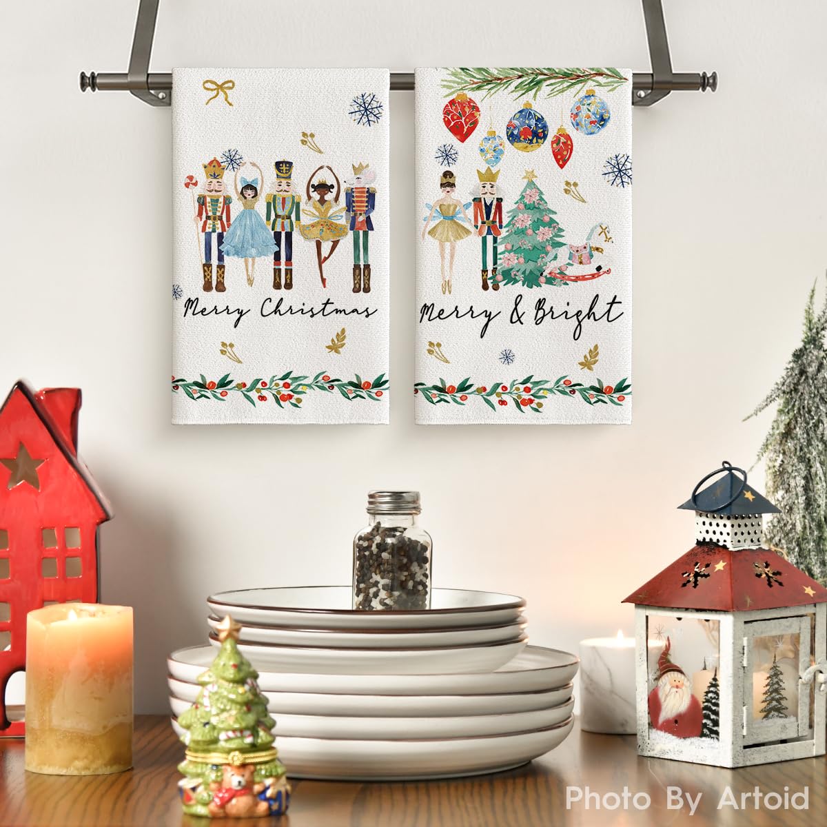 Artoid Mode Nutcrackers Xmas Balls and Trees Merry Christmas Kitchen Towels Dish Towels, 18x26 Inch Snowflakes Decoration Hand Towels Set of 2