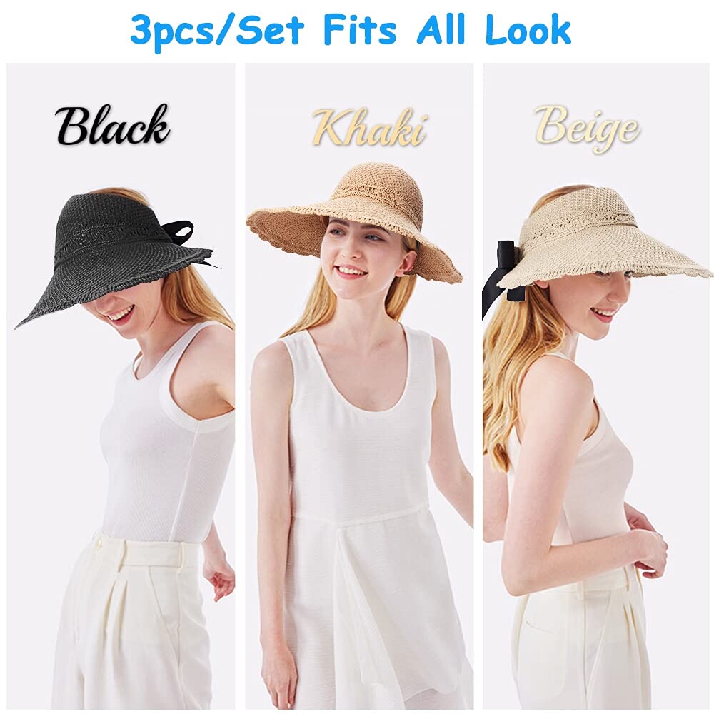 3pcs Foldable Wide Brim Straw Hats Sun Visors for Women, Bow Beach Hat Summer