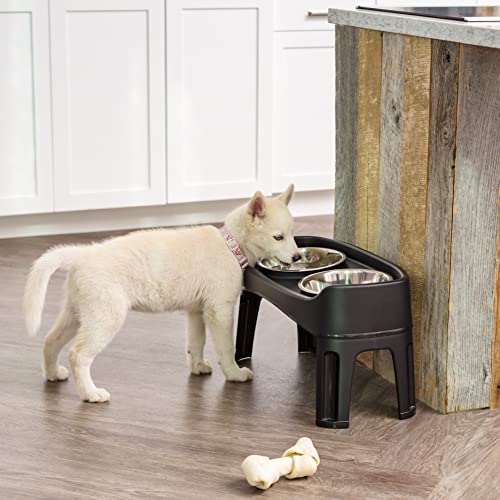 IRIS USA Large Elevated Pet Feeder with Attachable Legs and 2 Stainless Steel Bowls, For Small to Large Dogs Cats with 2 Quart Bowls and 12"H Legs Raised Pet Feeding Station, Black