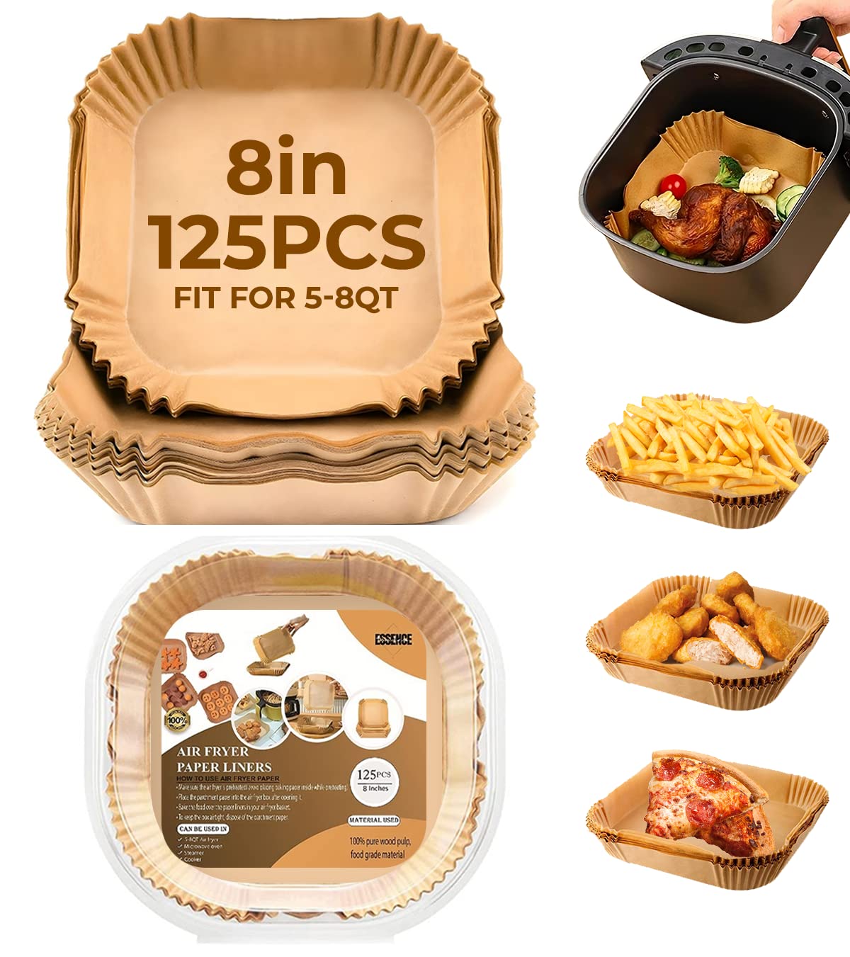 Air Fryer Disposable Paper Liner 125Pcs Square Parchment Paper Liners 8In Non-stick Unbleached Water & Oil Proof Airfryer liners for Microwave Oven baking & cooking