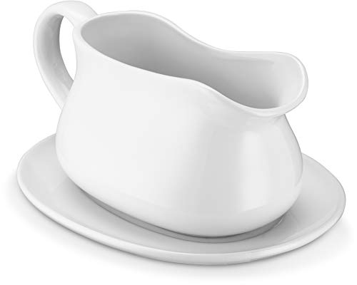 Kook Gravy Boat & Saucer, Ceramic Serving Dish, Dispenser with Tray for Sauces, Dressings and Creamer, Large Handle, Microwave and Dishwasher Safe, 17 oz, White