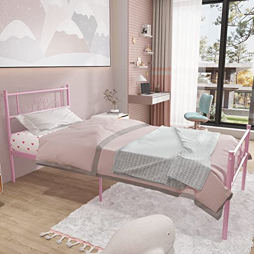 Weehom Platform Steel Bed Frame with 6 Legs Mattress Foundation Heavy Duty Bed Steel Slat Support Easy Assemble Kids Adults(Twin Size),Pink