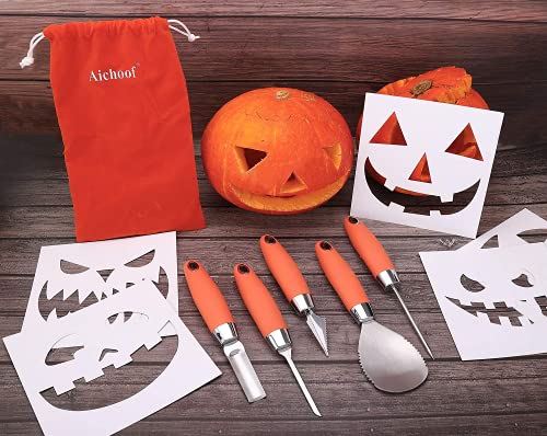 Aichoof Pumpkin Carving Kit, Set of 11 Included 5pcs Pumpkin Carving Tool, 5pcs Pattern Stencils and Drawstring Storage Bag,Stainless Steel Blade with Soft Grip Handle,Gift Box Package,Dishwasher safe