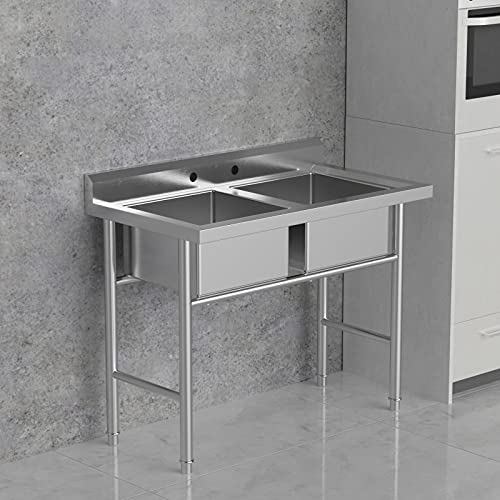 Bonnlo Commercial 304 Stainless Steel Sink 2 Compartment Free Standing Utility Sink for Garage, Restaurant, Kitchen, Laundry Room, Outdoor, 35.8" W x 21.3" D x 40" H
