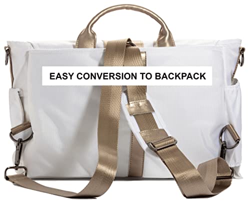 E.C.Knox Diaper Bag Backpack/Tote, with Built-in Baby Wipes Dispenser, Fold-Out Changing Pad, Stroller Hooks, 15 Pockets, Durable Nylon with Zip-Out Washable Canvas Lining, White