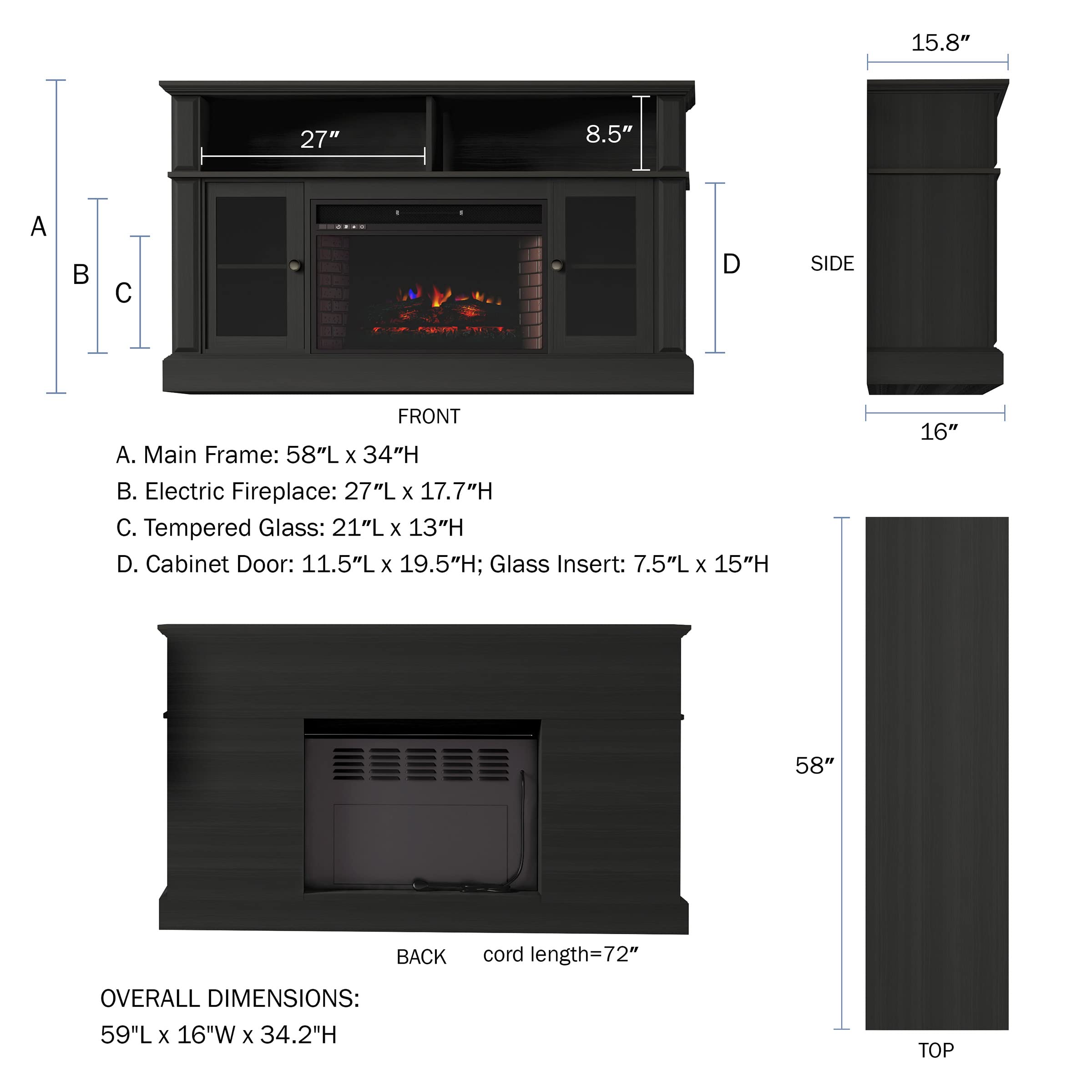 59-Inch Long Electric Fireplace TV Stand Entertainment Center Console with Remote, LED Flames, Adjustable Heat by Northwest (Black)