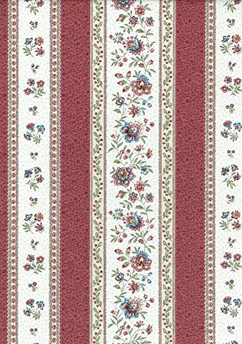 Textiles français Provençal Stripe Floral Fabric GORDES | Antique Red and Ivory - with Rose Pink, Green and Beige - Luxury 100% Cotton Printed Fabric - 63 inches Wide | Per Yard Length Increment